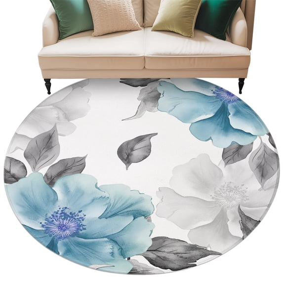 Blue Grey Floral Round Rug 8ft Washable Circle Rugs Non Slip Botanical ...