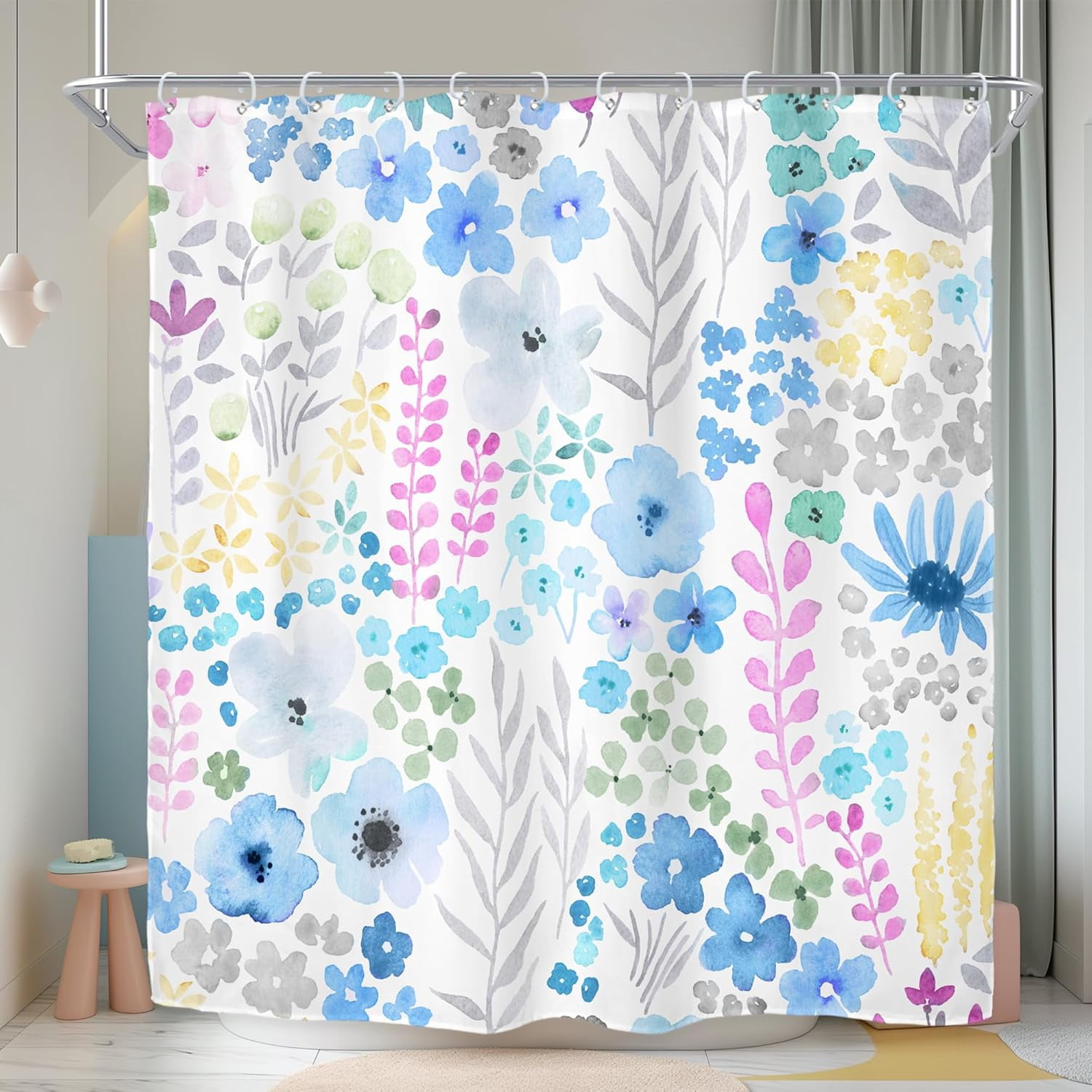 Blue Grey Floral Shower Curtain for Bathroom Decor 72Wx72H Cute Boho ...