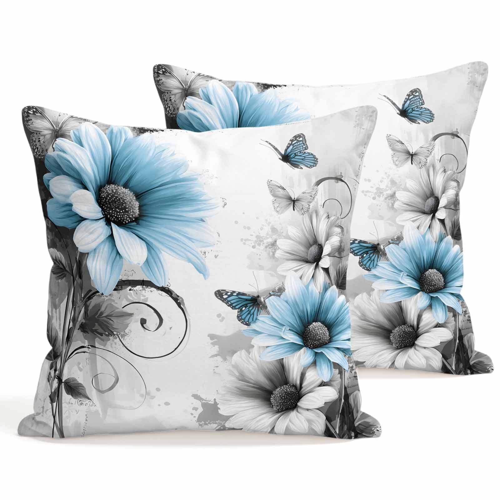 Blue Grey Floral Throw Pillow Covers 16 x 16 Inch Pillow Covers Set of ...