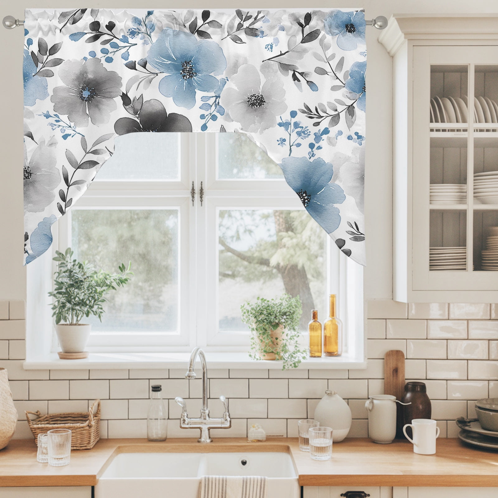 Blue Grey Flower Swag Curtain Valance for Windows, Swag Curtains Drapes ...