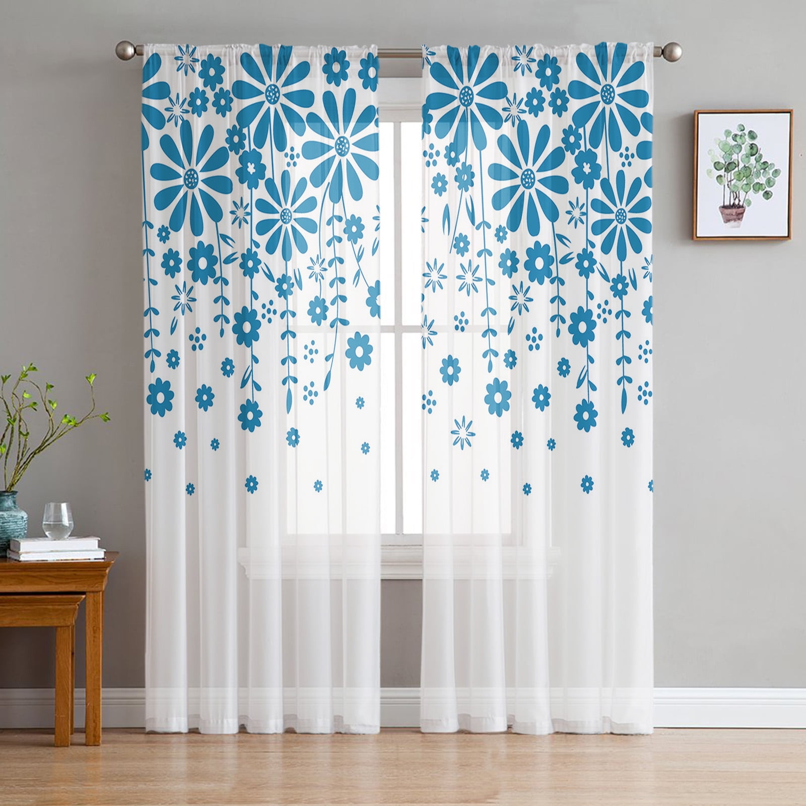 Blue Grey Flower White Background Sheer Curtains for Living Room ...