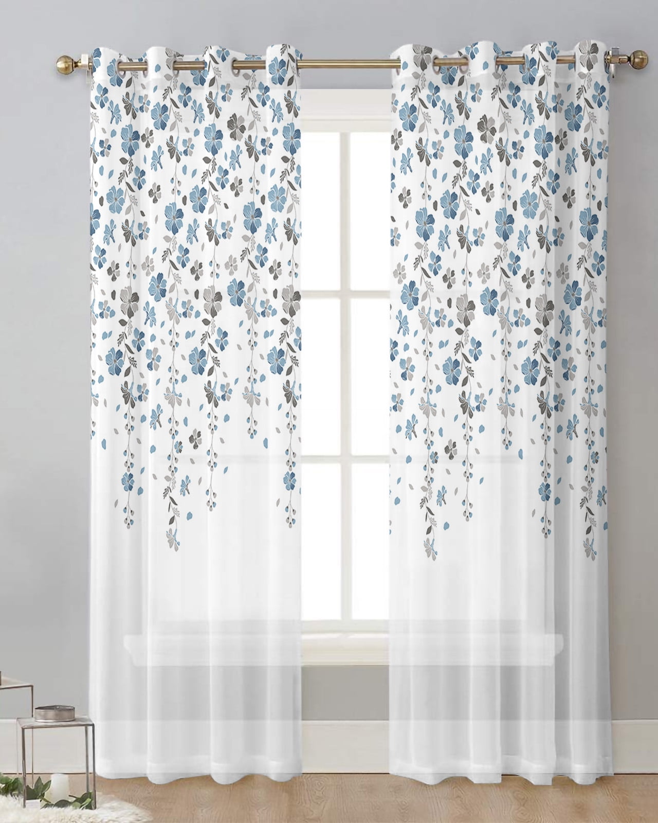 Blue Grey Flower White Background Tulle Living Room ration Transparent ...