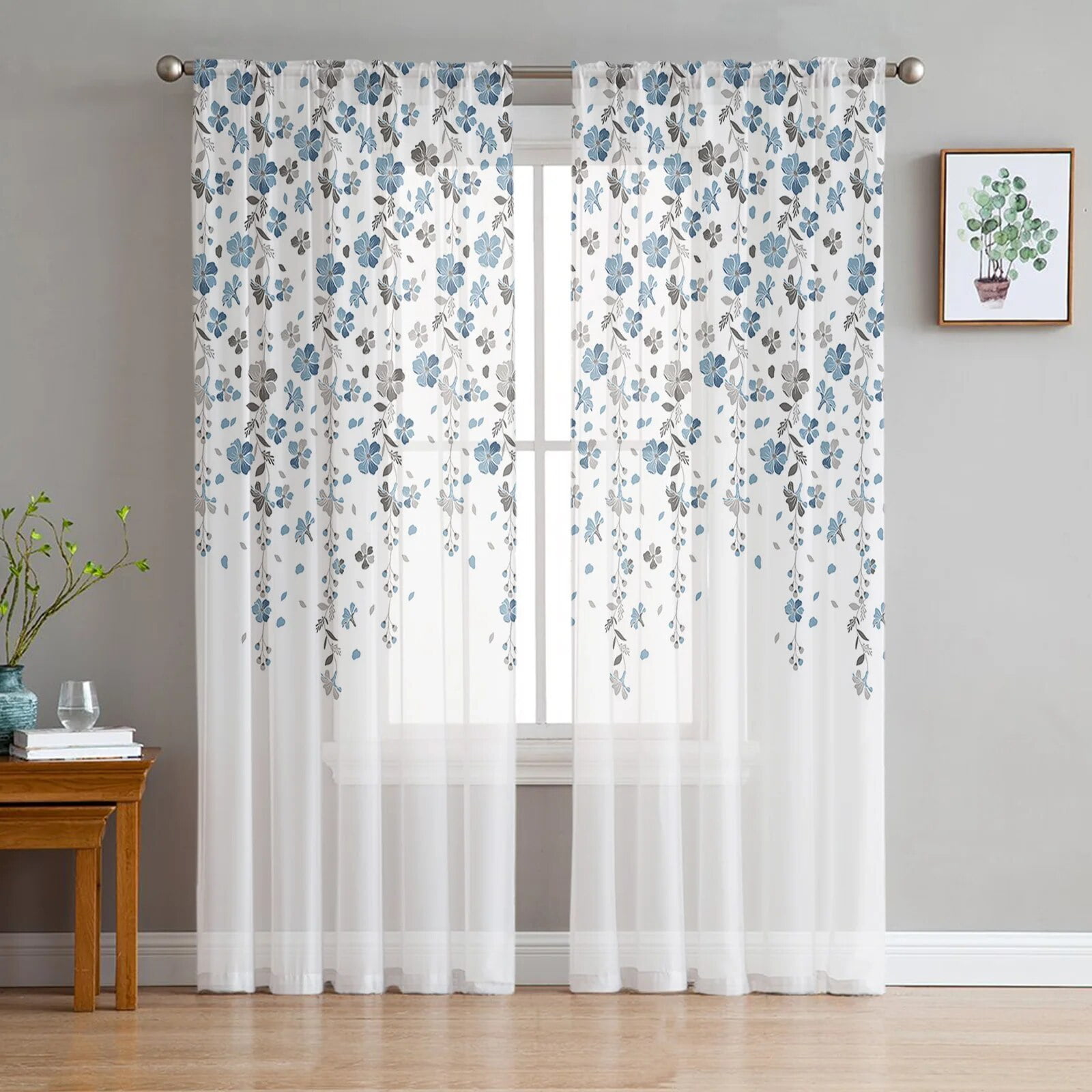Blue Grey Flower White Background Tulle Voile Curtains For Bedroom ...