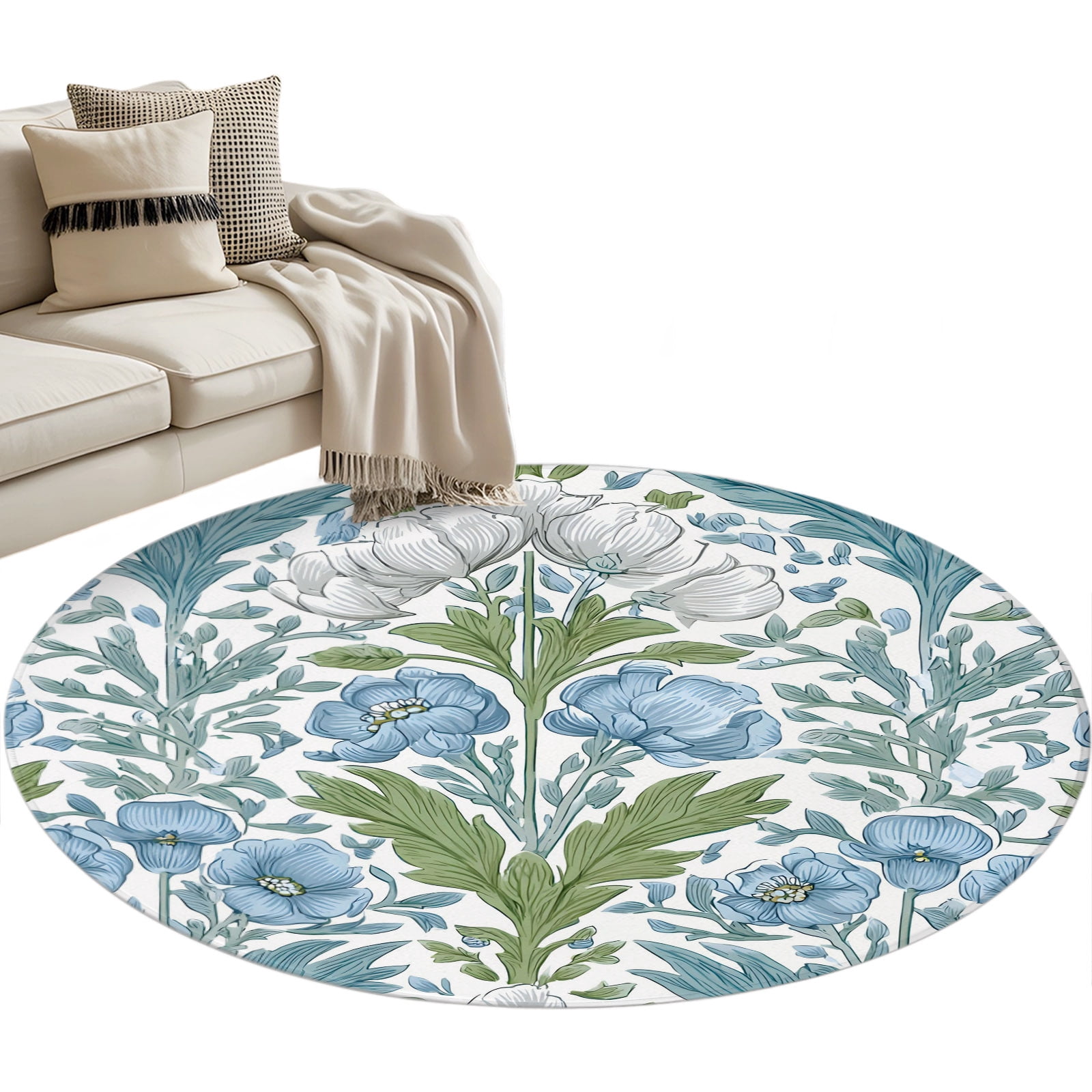 Blue Grey Flowers Round Rug 4ft Washable Circle Entryway Rugs Non Slip ...