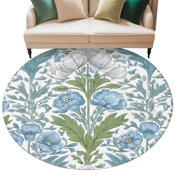 Blue Grey Flowers Round Rug 6ft Washable Circle Kitchen Rugs Non Slip ...