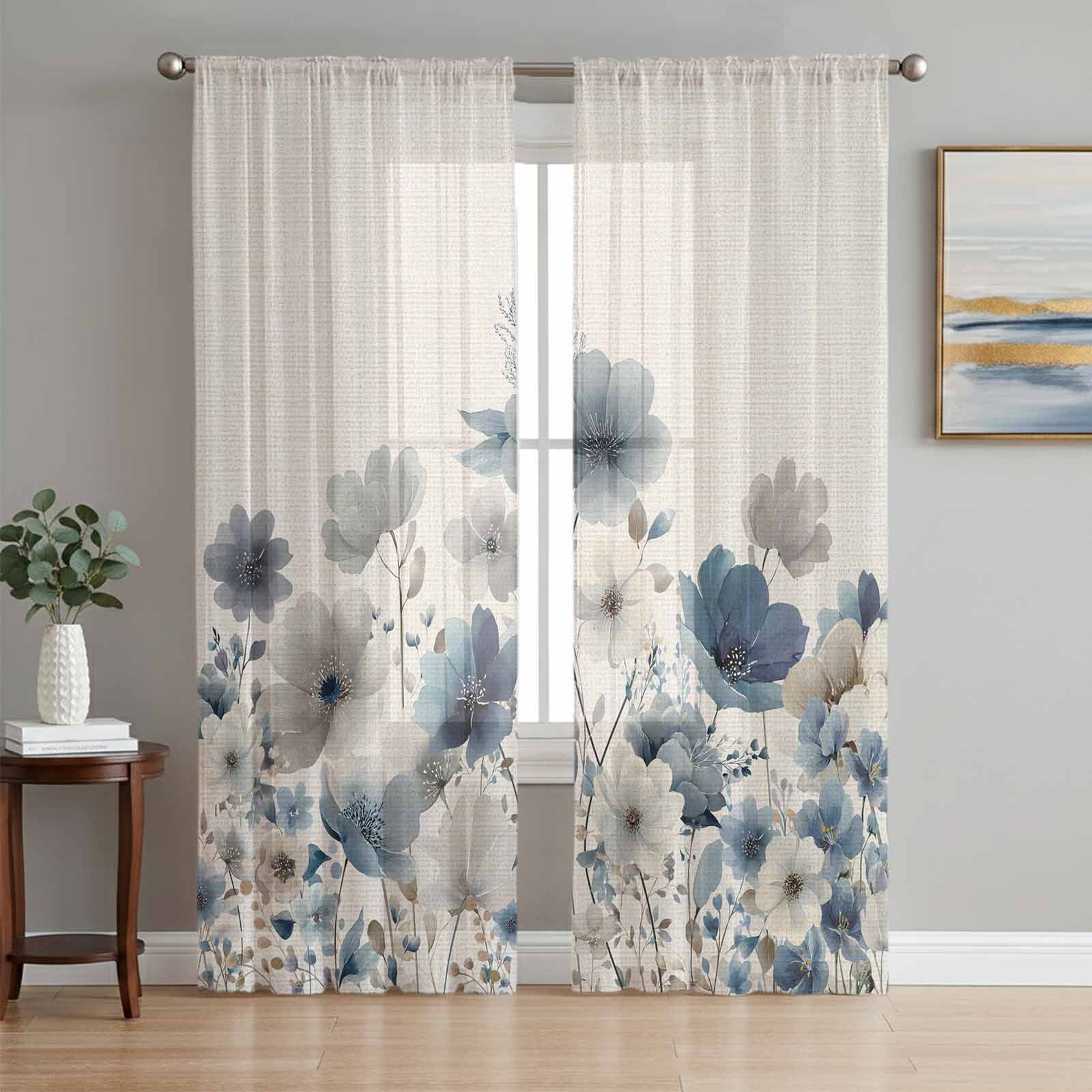 Blue Grey Flowers Semi Sheer Curtains 63 Inch Length 2 Panels Set ...