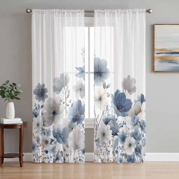 Blue Grey Flowers Sheer Curtains for Living Room Bedroom Spring ...