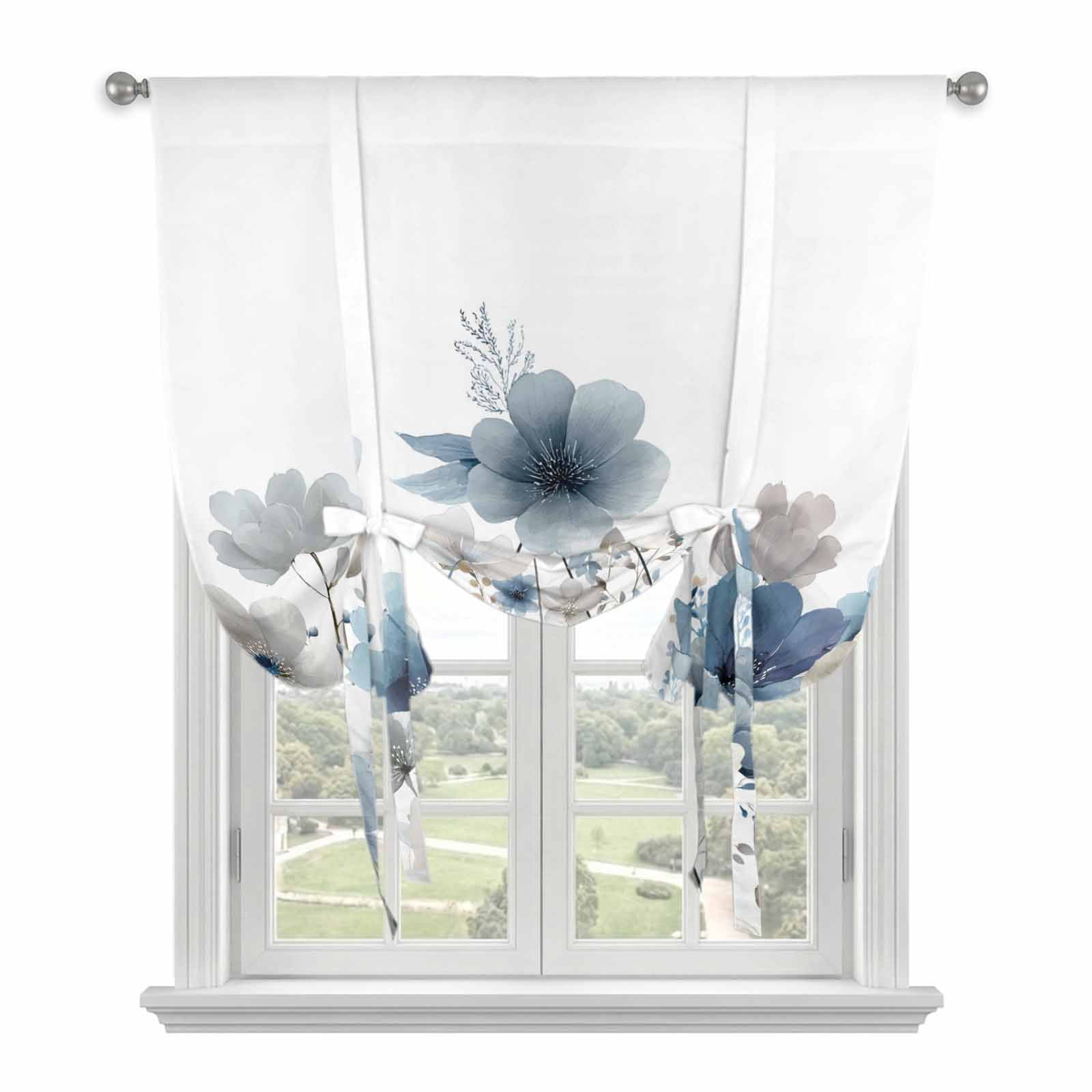 Blue Grey Flowers Tie Up Curtains for Window, Thermal Insulated Balloon ...