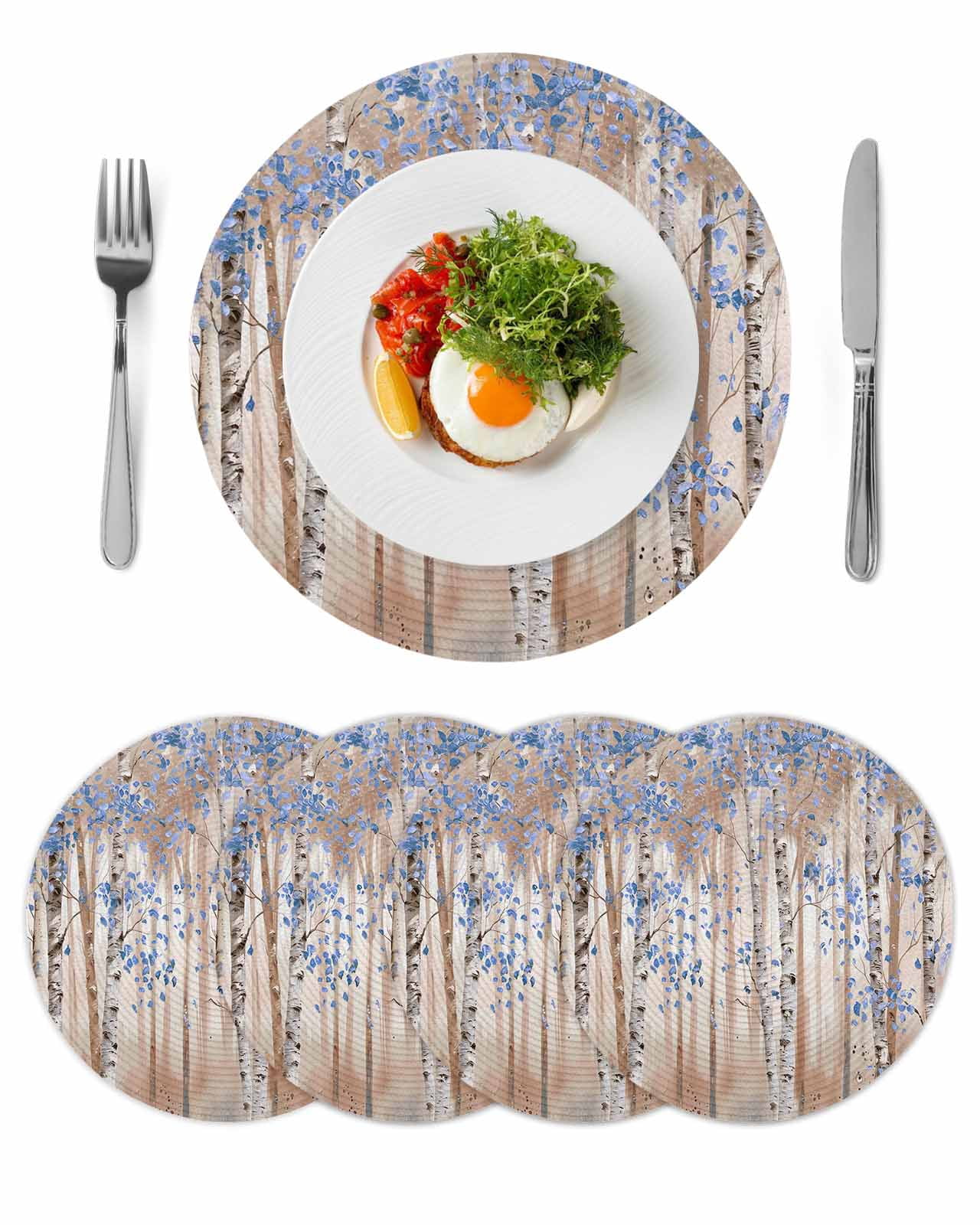 Blue Grey Forest Round 13 Inch Placemats Set of 4, Grey Modern Art Oil ...