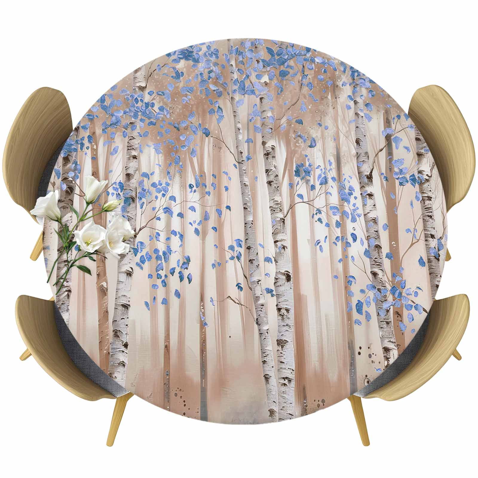 Blue Grey Forest Table Cloth, Round Fitted Tablecloths with Elastic ...