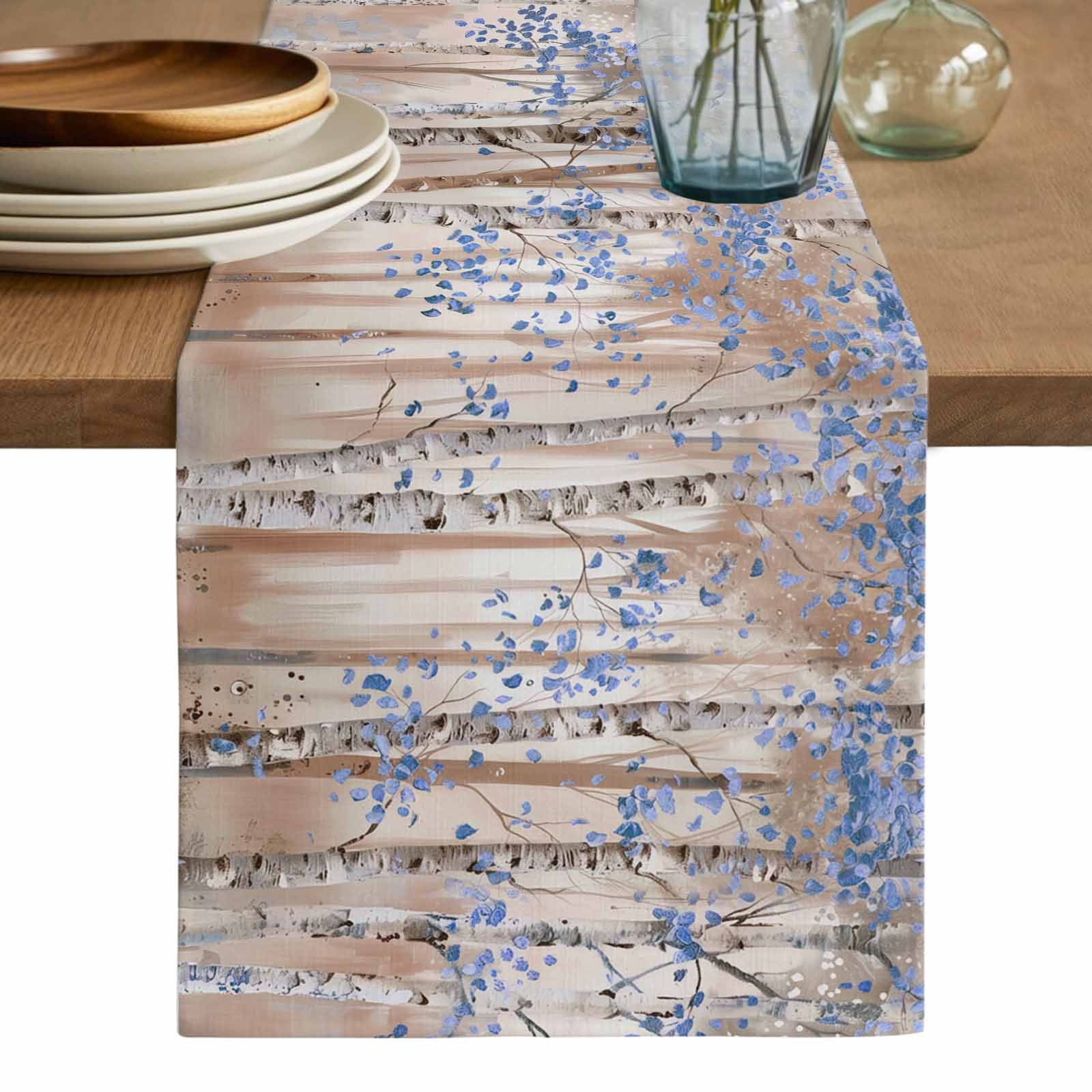 Blue Grey Forest Table Runner, Grey Modern Art Oil Painting Washable ...