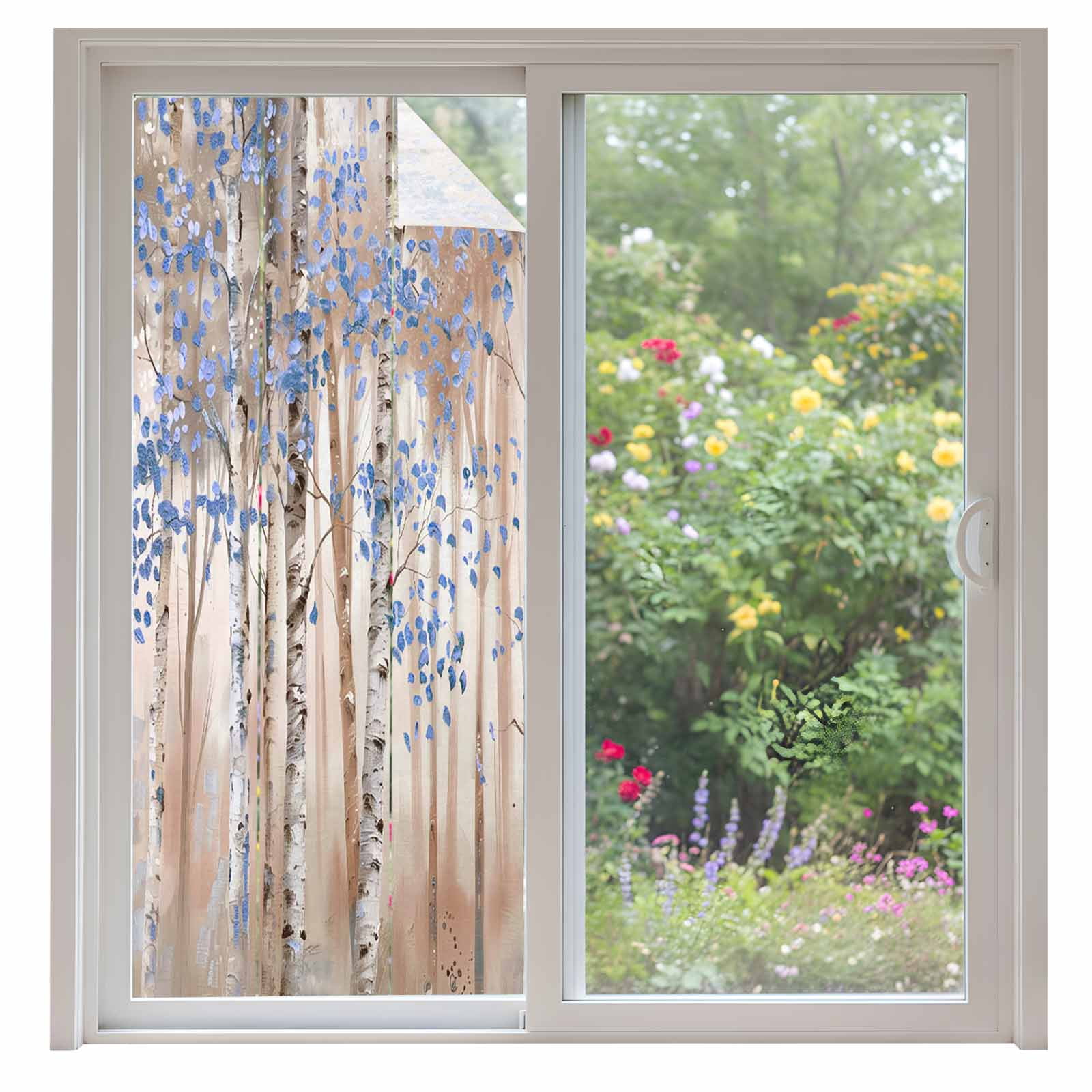 Blue Grey Forest Window Privacy Film, Grey Modern Art Oil Painting ...