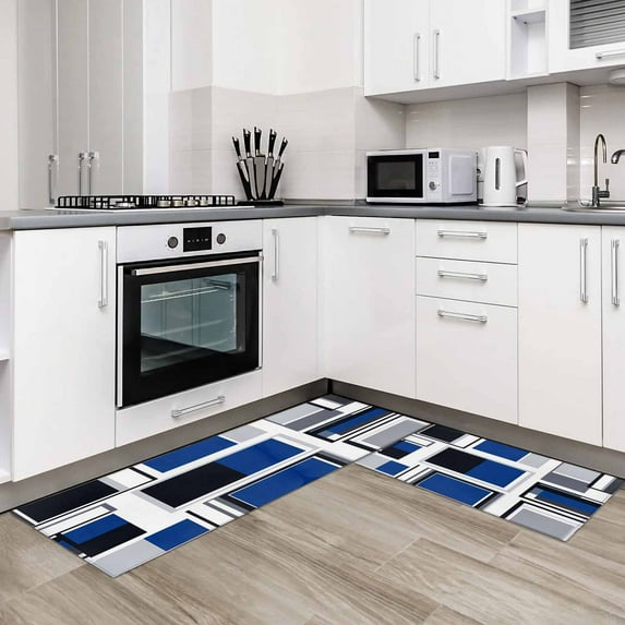 Blue Grey Geometric 2 Pieces Non-Slip Kitchen Mat Set Abstract Art ...