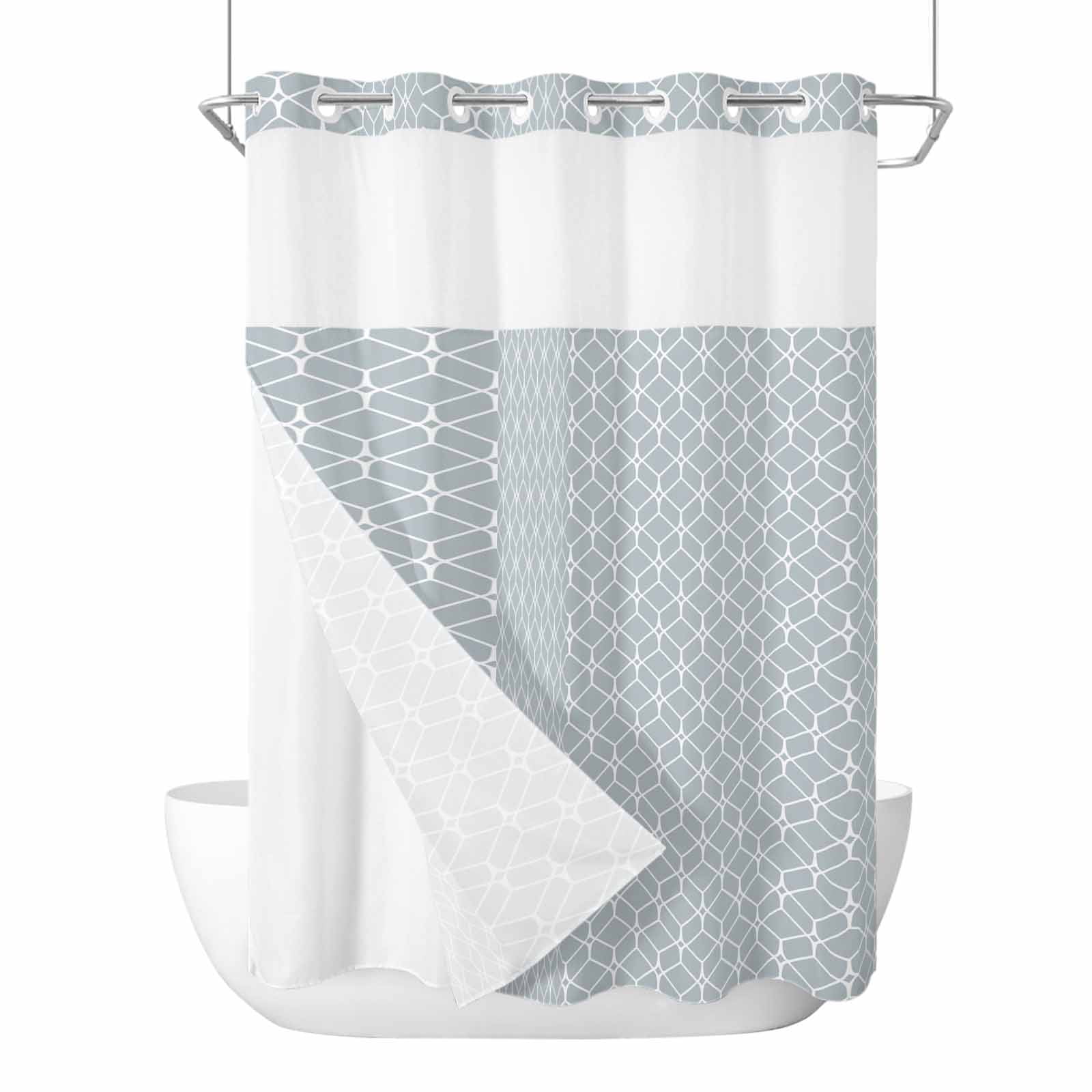 Blue Grey Geometric No Hook Shower Curtain with Snap in Liner ...