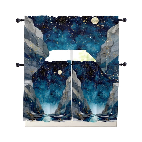 Blue Grey Geometric Kitchen Curtains Set for Windows 3 Piece Cafe ...