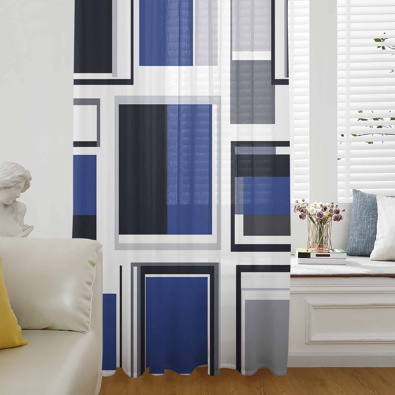 Blue Grey Geometric Semi Sheer Curtains Drapes for Living Room,Bedroom ...