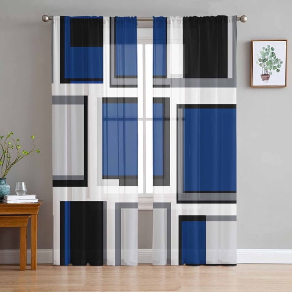 Blue Grey Geometric Sheer Curtains 84 Inch Length 2 Panels Set for ...