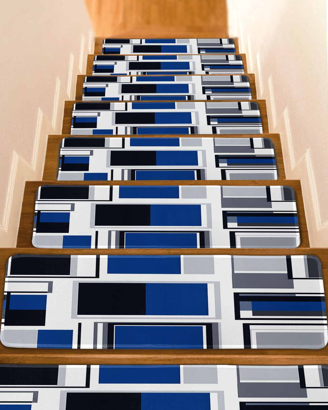 Blue Grey Geometric Stair Treads for Wooden Steps Indoor Runner Rug ...