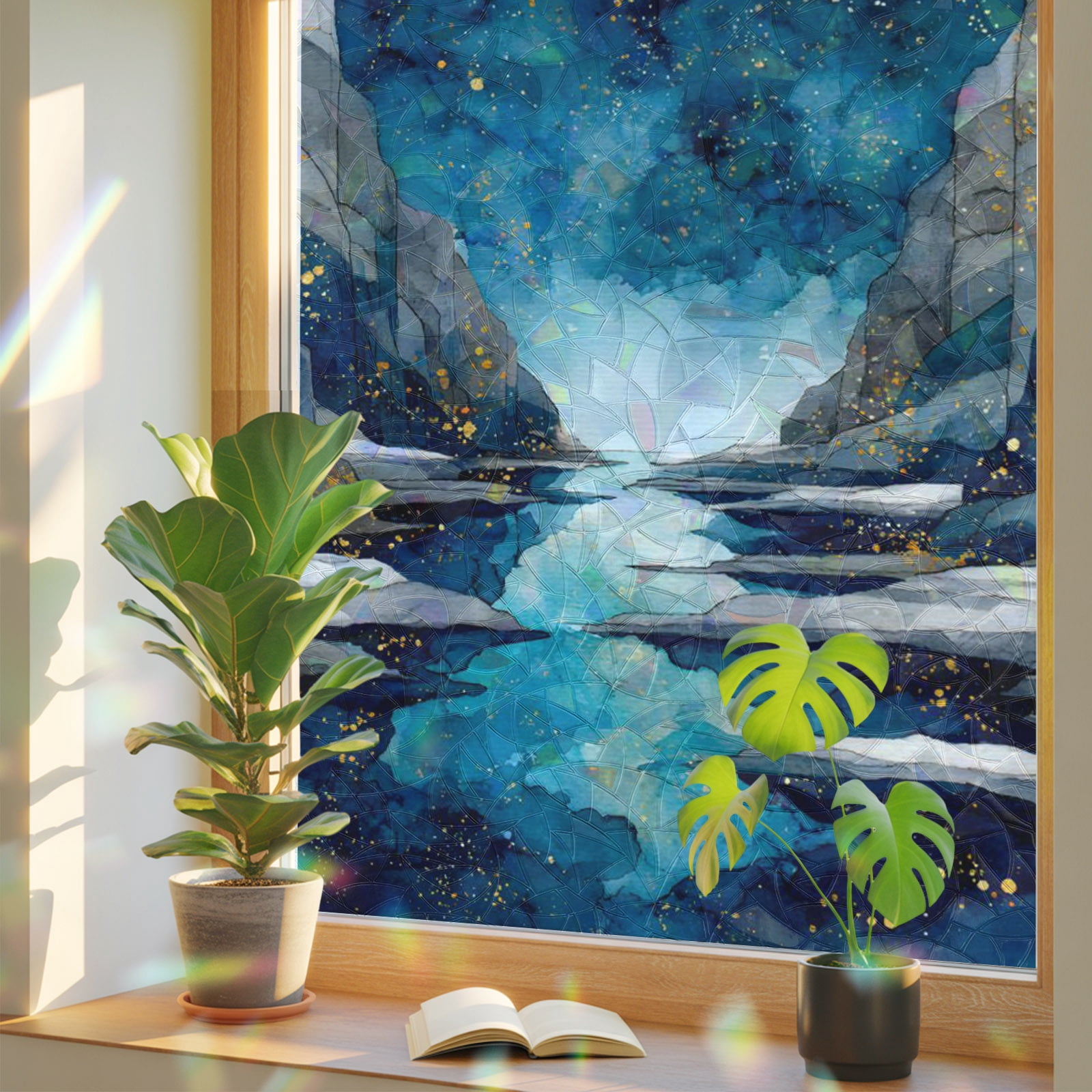 Blue Grey Geometric Window Privacy Film Rainbow Static Cling Stain ...