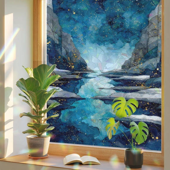 Blue Grey Geometric Window Privacy Film Rainbow Static Cling Stain ...
