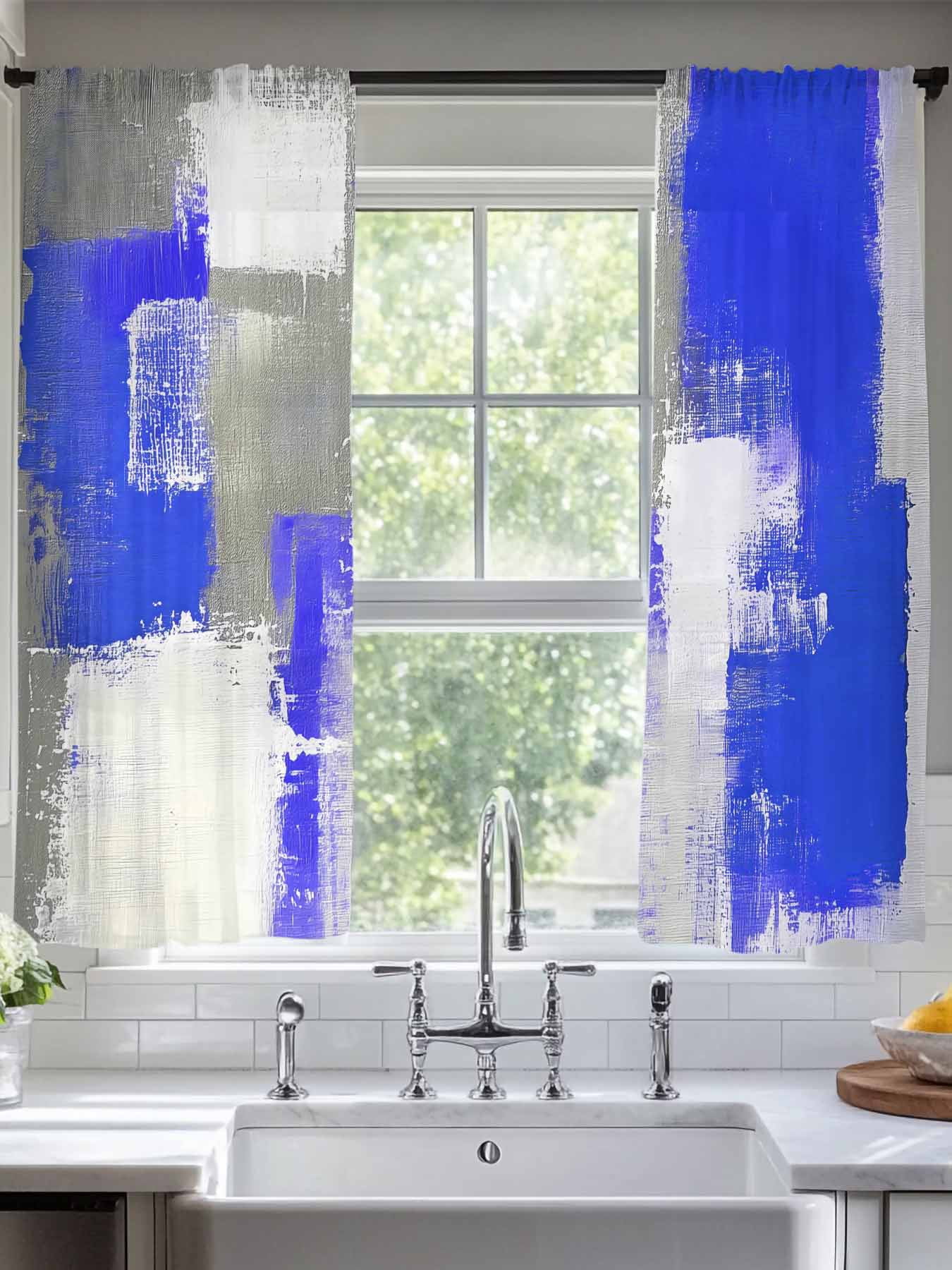 Blue Grey Gradient Abstract Geometric Chiffon Sheer Curtains 72 Inches ...