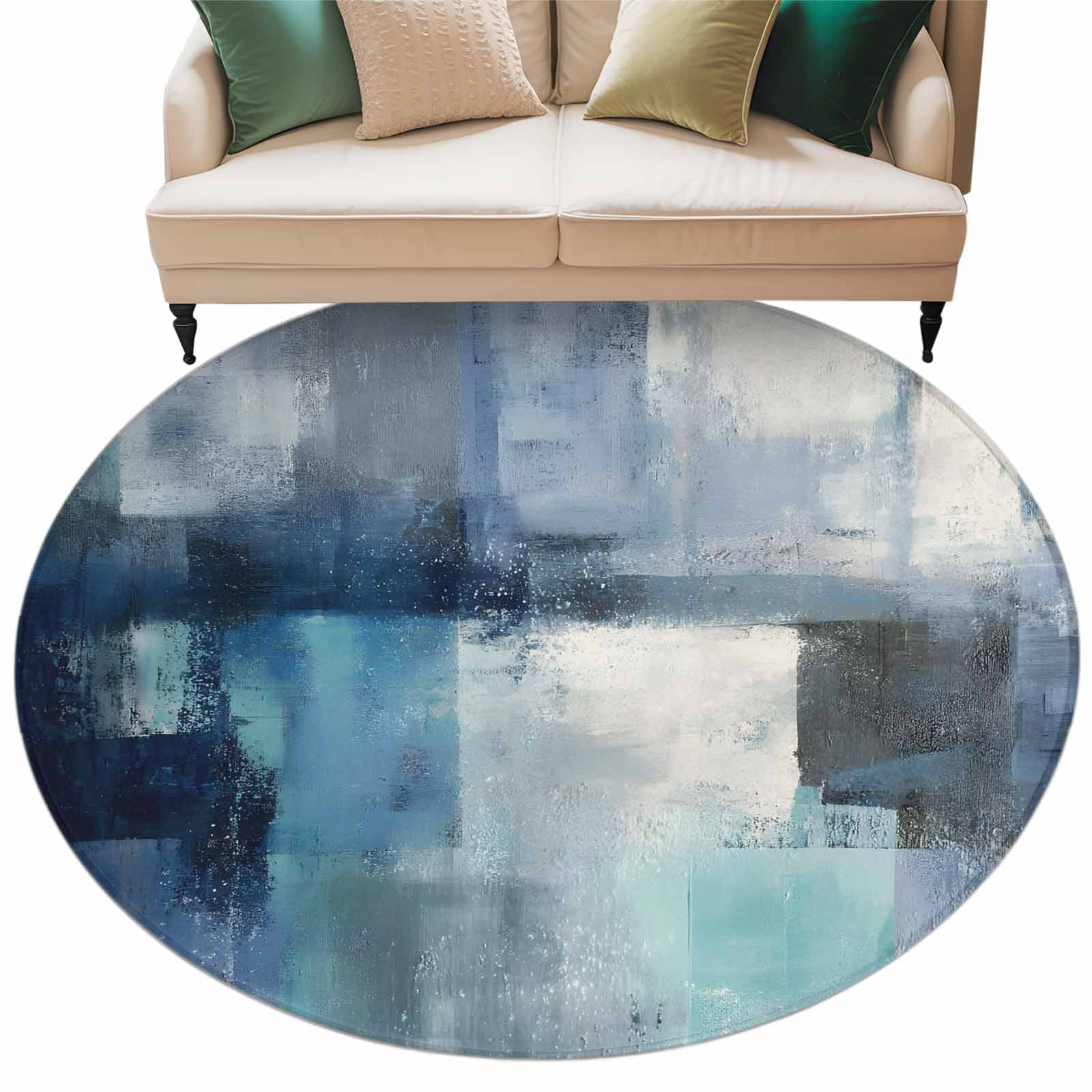 Blue Grey Gradient Round Rug 8ft Washable Circle Rugs Non Slip Abstract ...