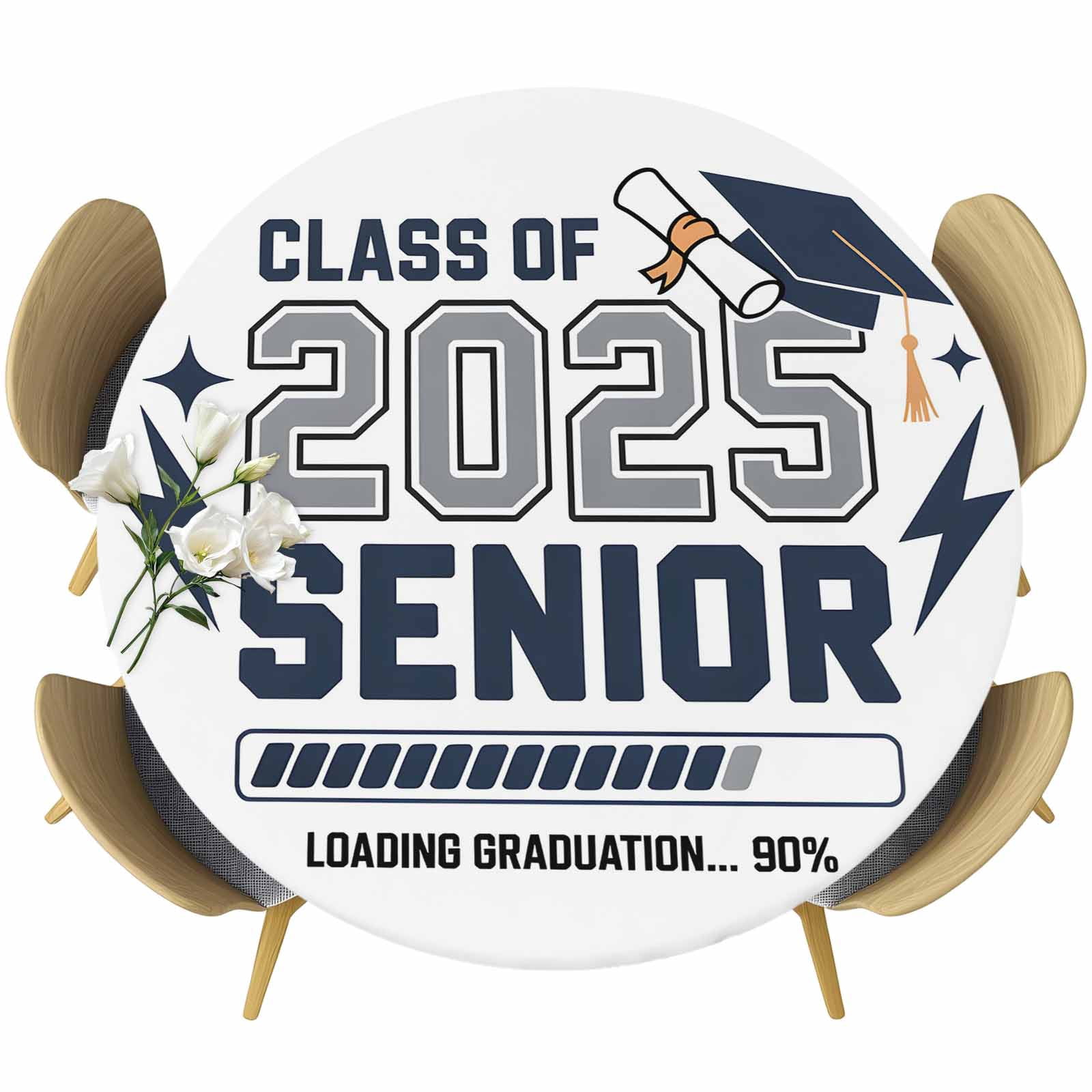 Blue Grey Graduation Season Round Tablecloth, Fitted Table Cover with ...