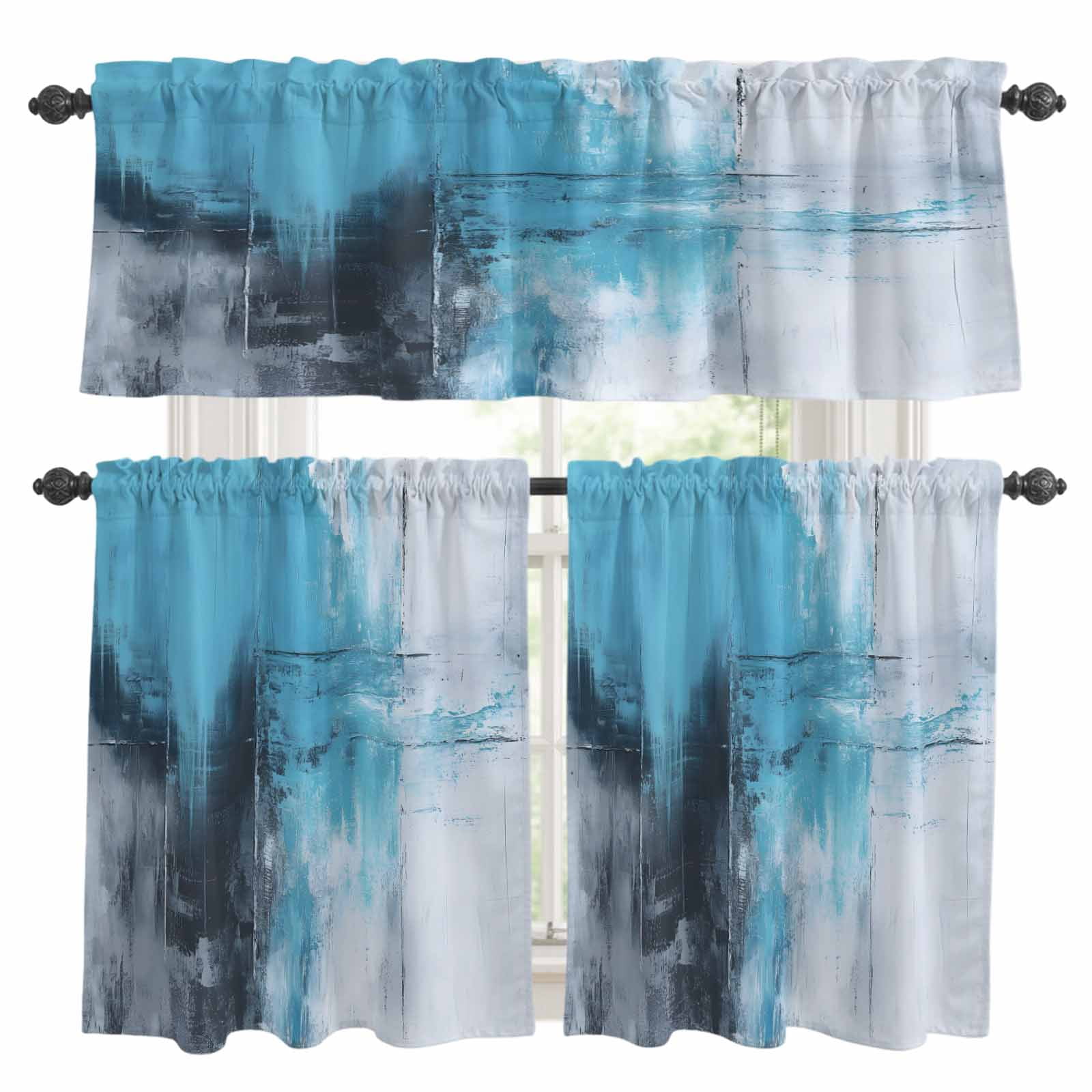 Blue Grey Graffiti Art Kitchen Curtains Valance and Tier Set Abstract ...