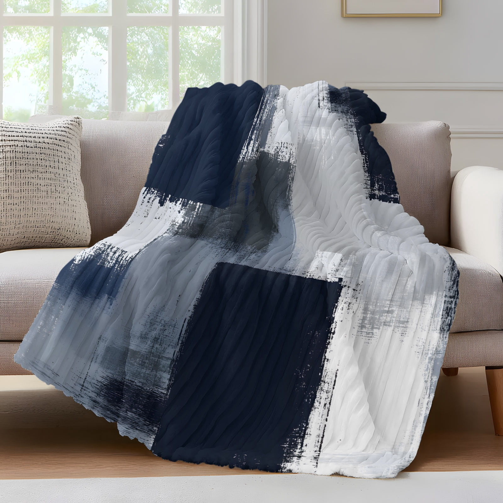 Blue Grey Graffiti Art Throw Blanket for Couch Abstract Color Block ...