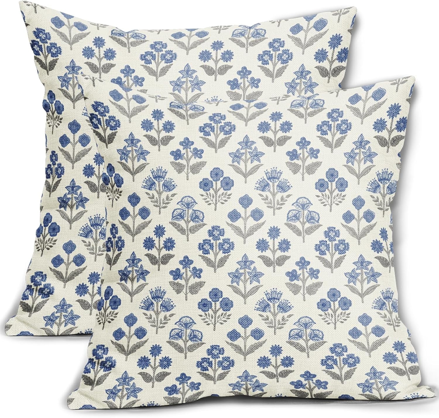 Blue Grey Gray Floral Block Print Pillow Covers 18x18 Inch Set of 2 ...