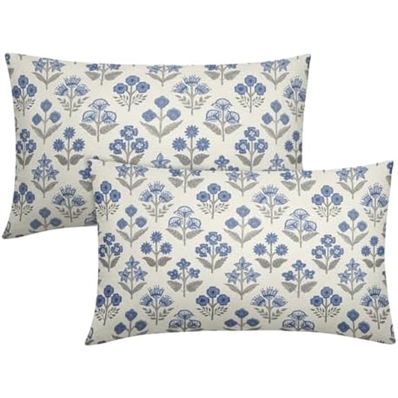 Blue Grey Gray Floral Pillow Covers 12x20 Inch Set of 2, Block Print ...