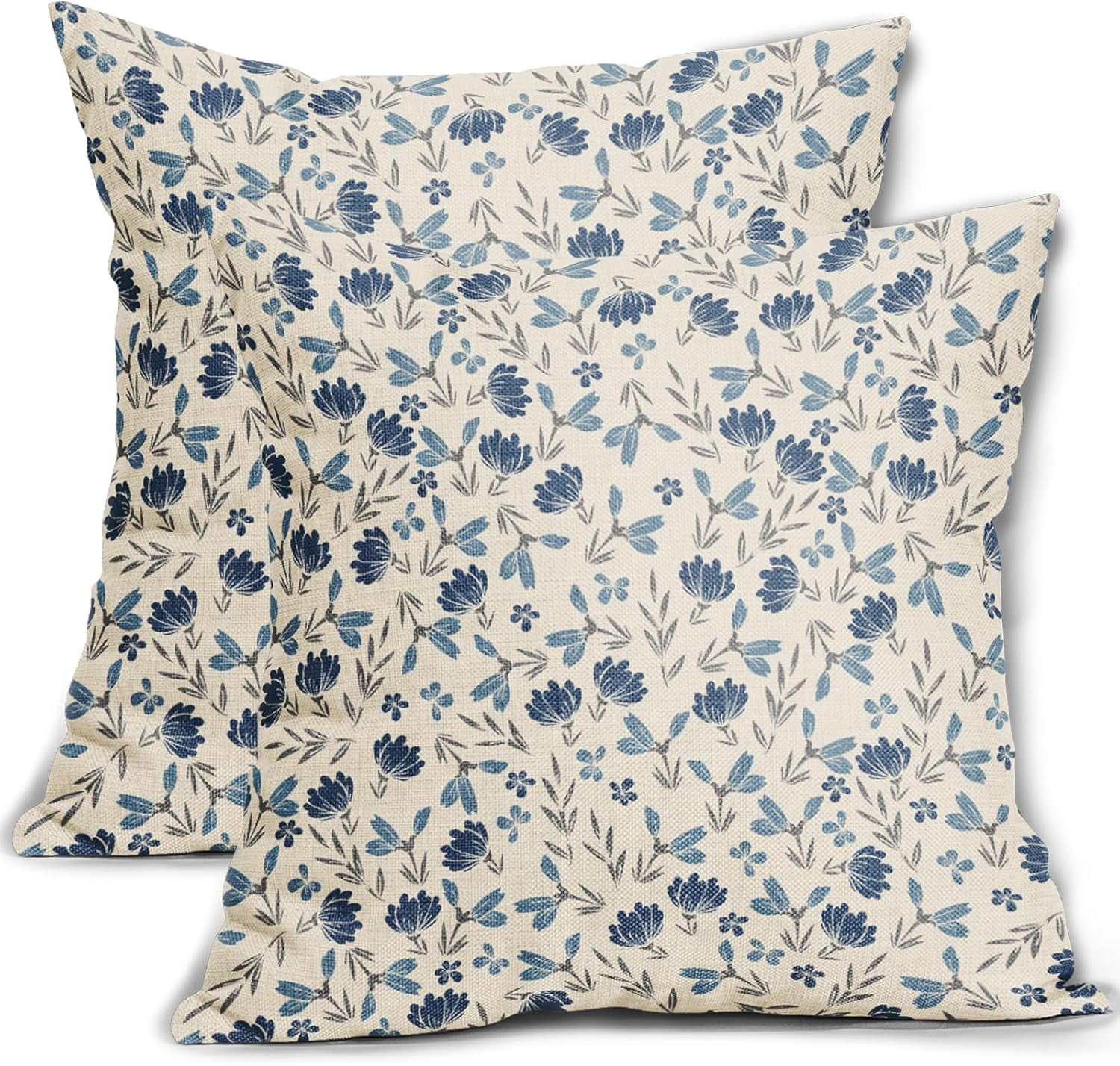 Blue Grey Gray Floral Pillow Covers 16x16 Set of 2 Vintage Rustic Old ...