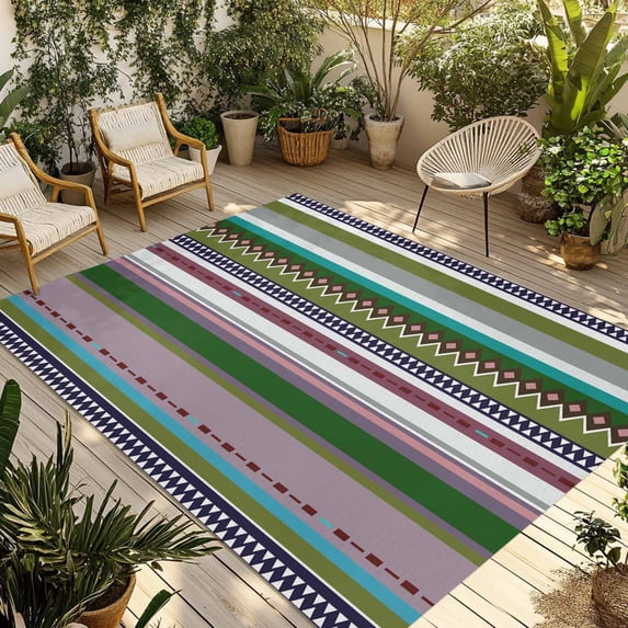 Blue Grey Green Brown Strip Outdoor Rug, Boho Paisley Geometric Non ...