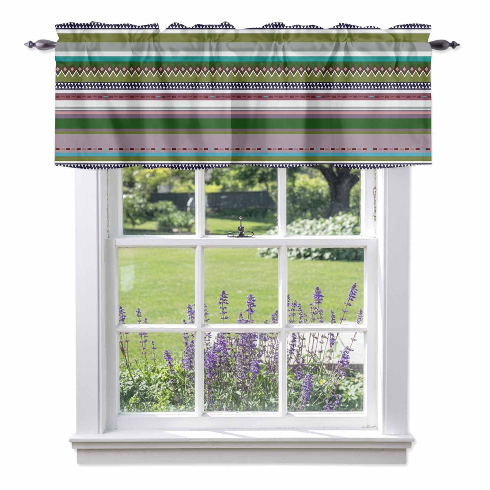 Blue Grey Green Brown Strip Valances for Windows Boho Paisley Geometric ...