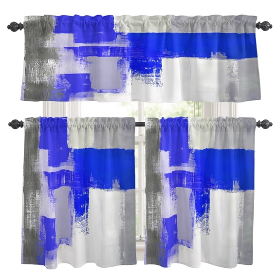 Blue Grey Kitchen Curtains Valance and Tier Set White Graffiti Art ...
