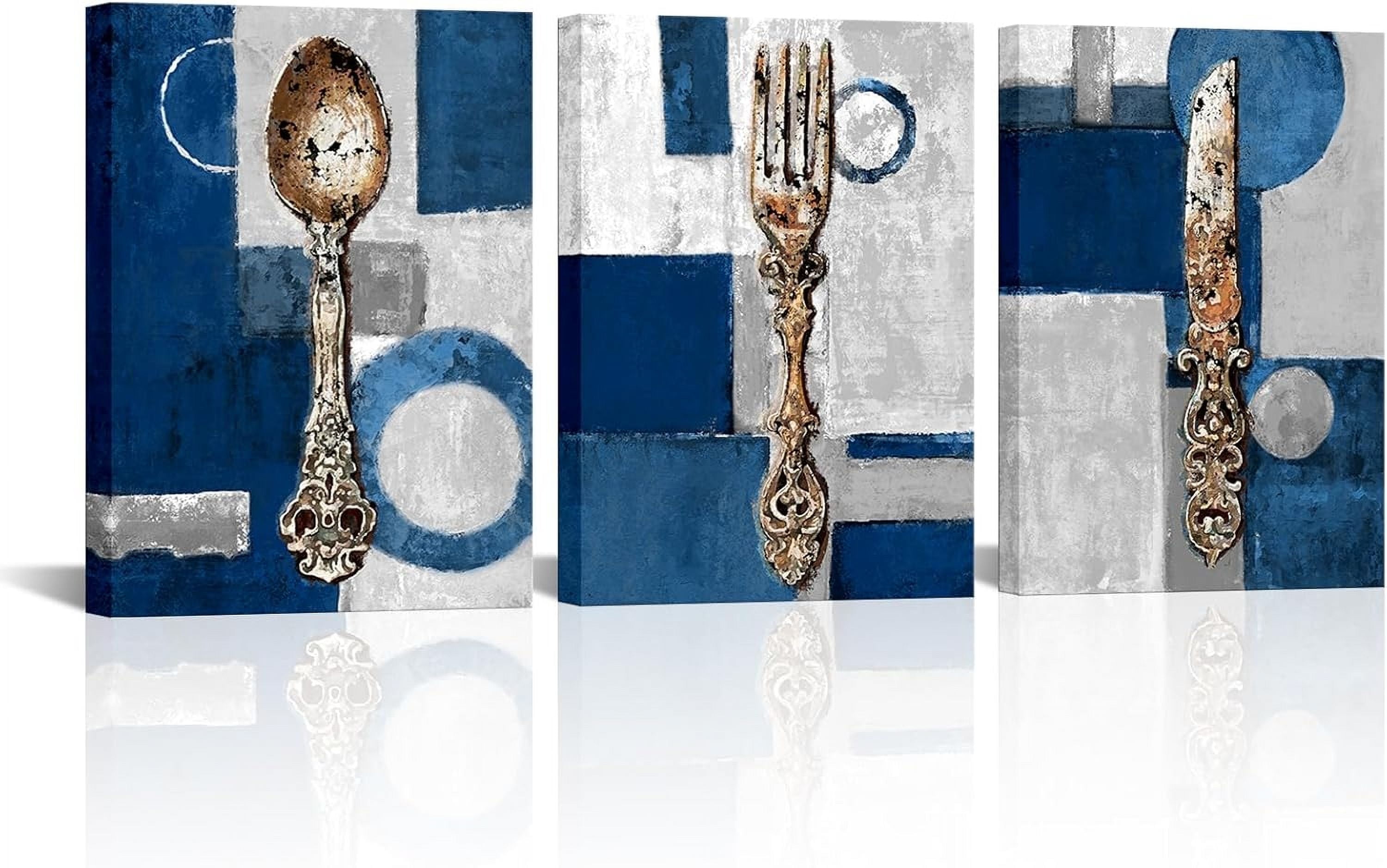 Blue and Grey Kitchen Decor Vintage Fork Knife Spoon Painting Canvas ...
