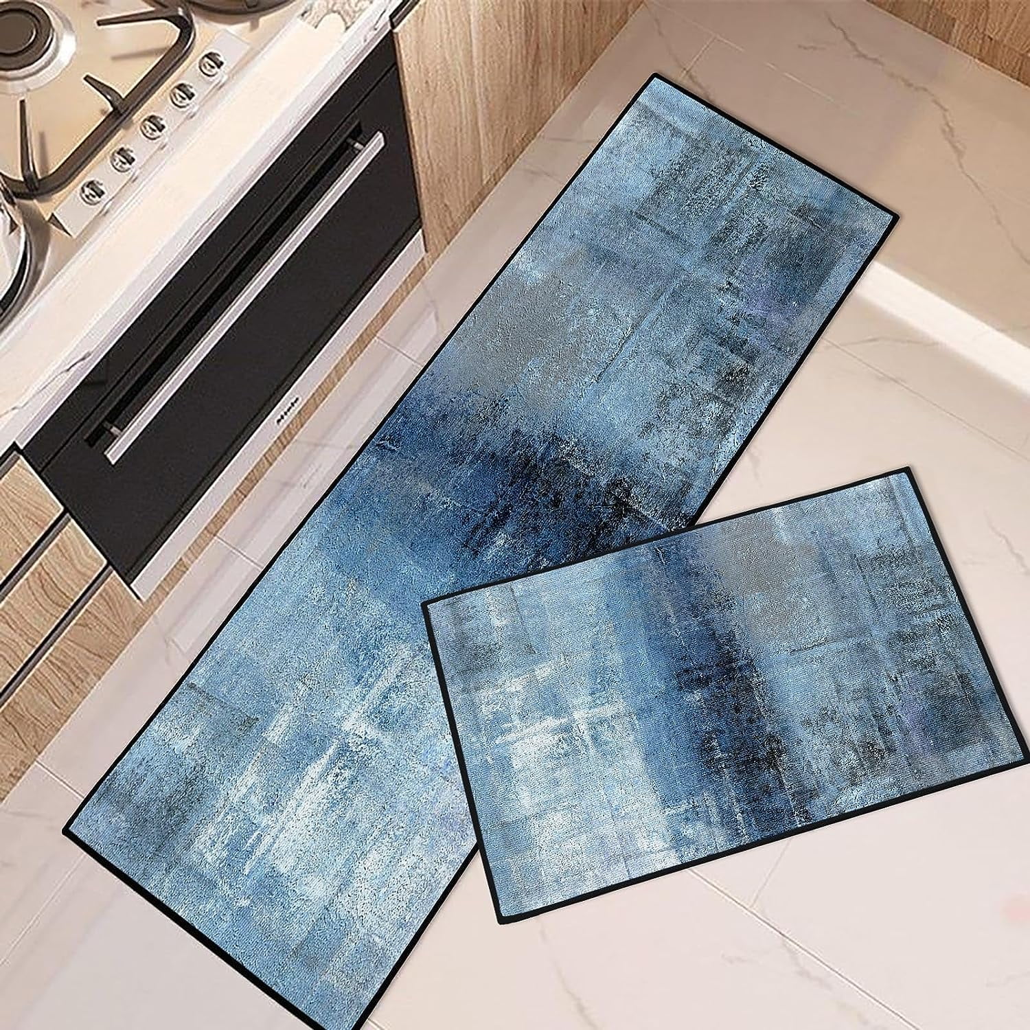Blue Grey Kitchen Rugs and Mats Non Skid Washable Set of 2, Modern ...