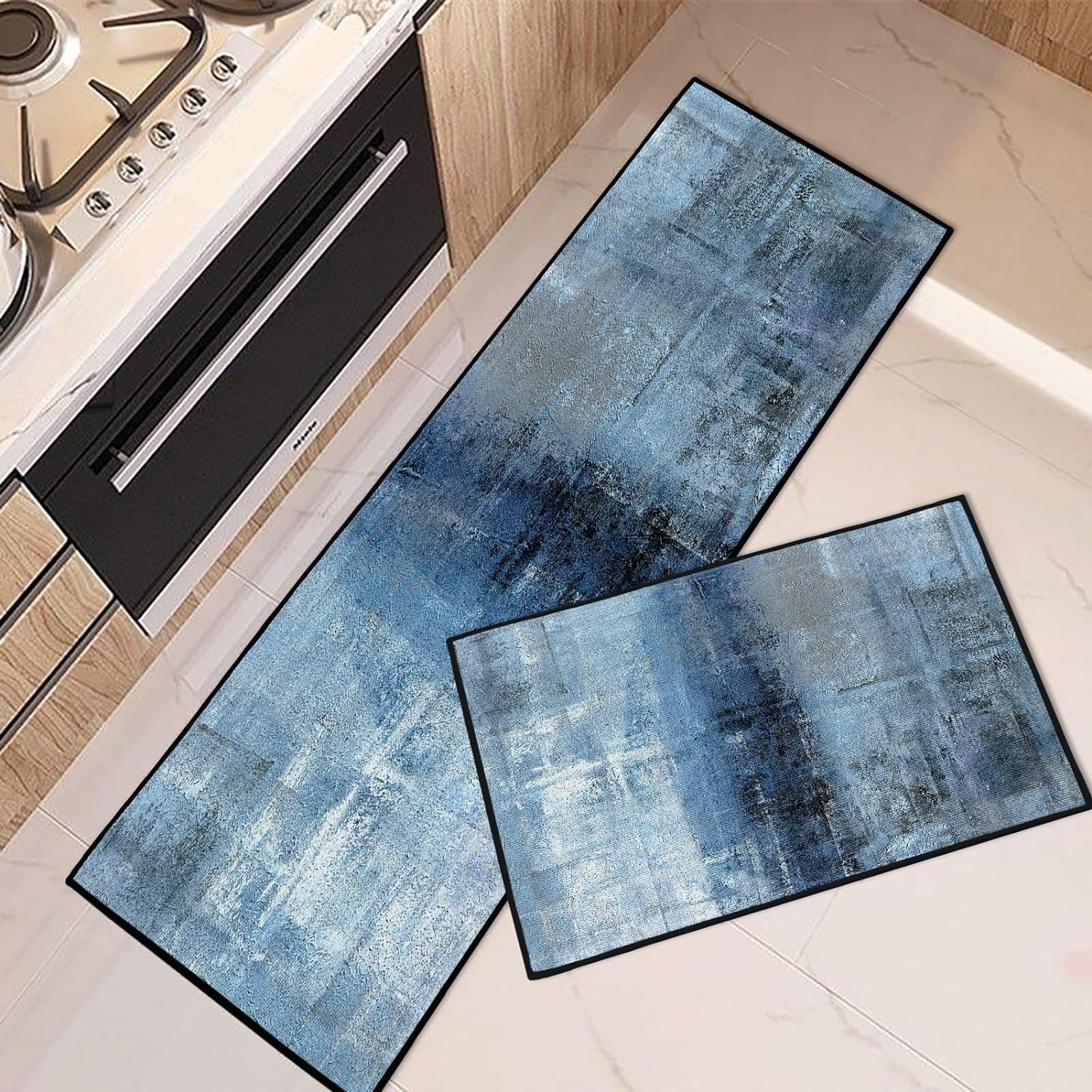 Blue Grey Kitchen Rugs and Mats Non Skid Washable Set of 2, Modern ...