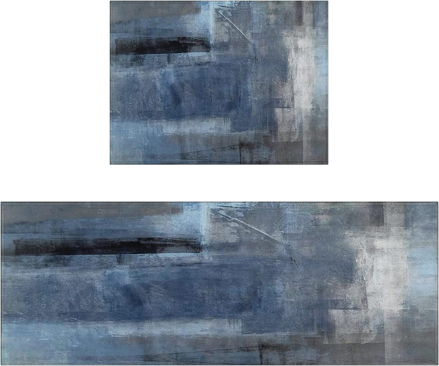 Blue and Grey Kitchen Rugs and Mats Sets of 2,Abstract Art Kitchen ...