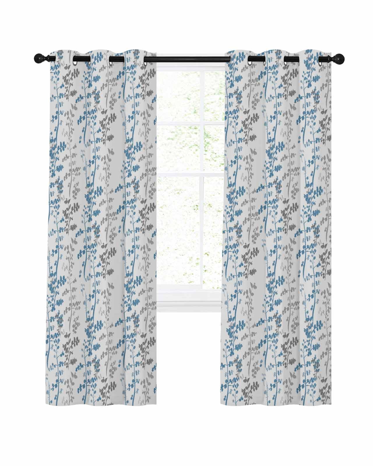 Blue and Grey Leaf Blackout Curtains 72 Inch Length Abstract Farmhouse ...