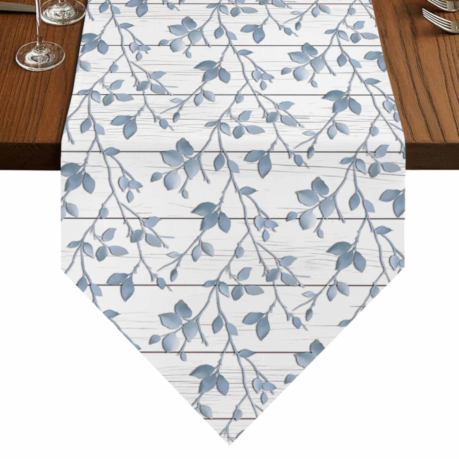 Blue Grey Leaf Table Runner for Dining Room, Country Retro Watercolor ...