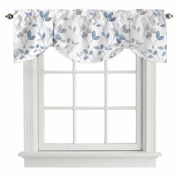 Blue Grey Leaf Tie Up Valance Curtains Country Watercolor Blue Leaves ...