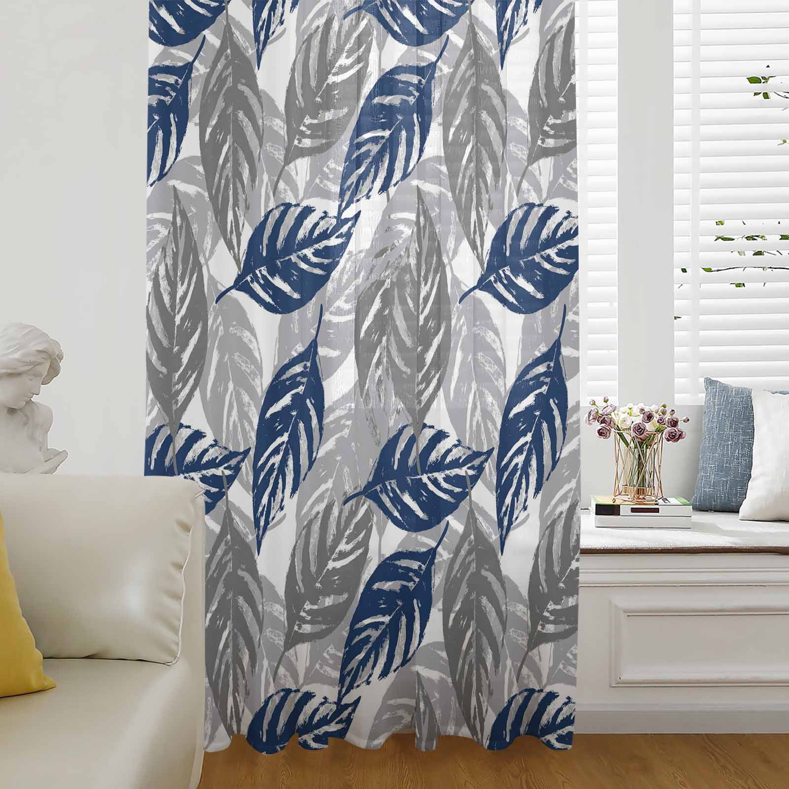 Blue Grey Leaves Semi Sheer Curtains Drapes for Living Room,Bedroom ...