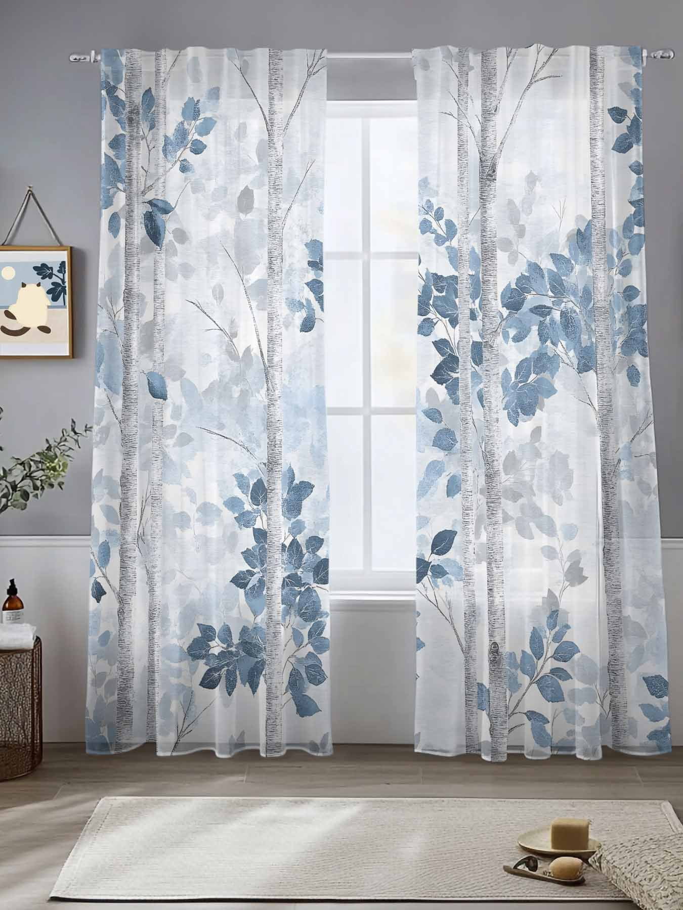 Blue Grey Leaves Sheer Curtains for Living Room Bedroom Watercolor ...