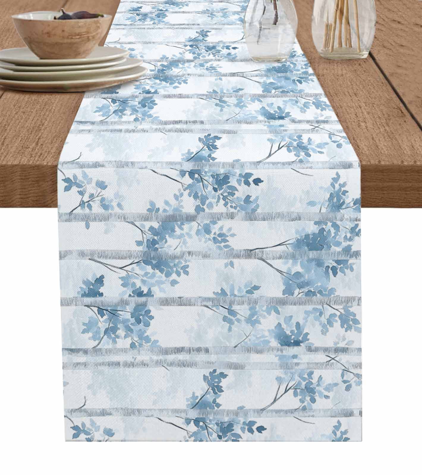 Blue Grey Leaves Table Runner 70 Inches, Vintage Forest Branches Bed ...