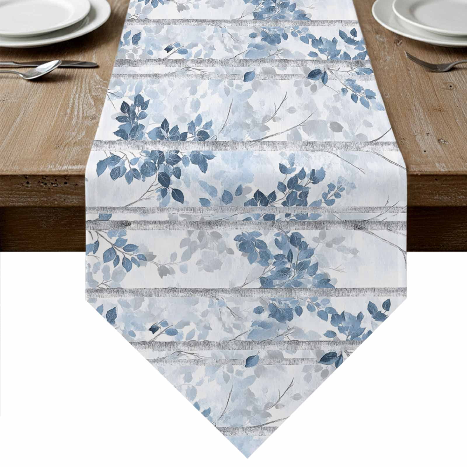 Blue Grey Leaves Table Runner Linen Burlap Table Runner 36 Inches Small ...