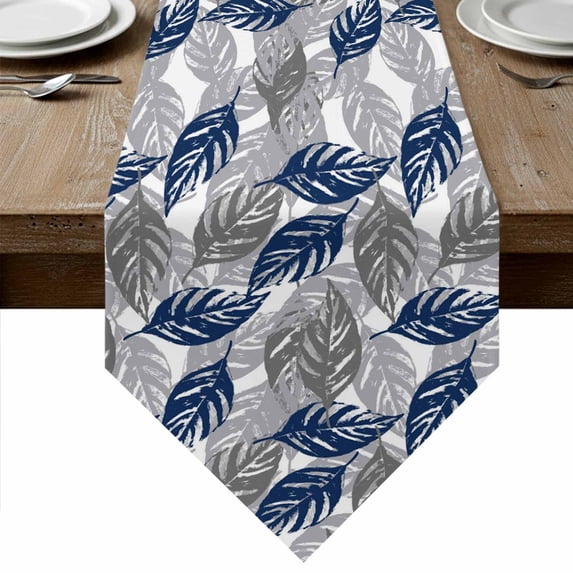 Blue Grey Leaves Table Runner Linen Burlap Table Runner 72 Inches Long ...