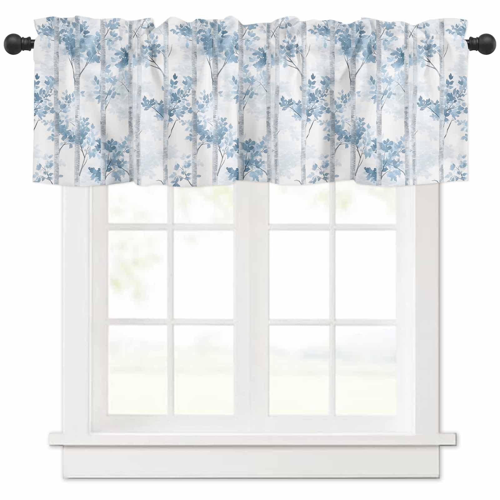 Blue Grey Leaves Valances for Windows Farmhouse Kitchen Curtains ...