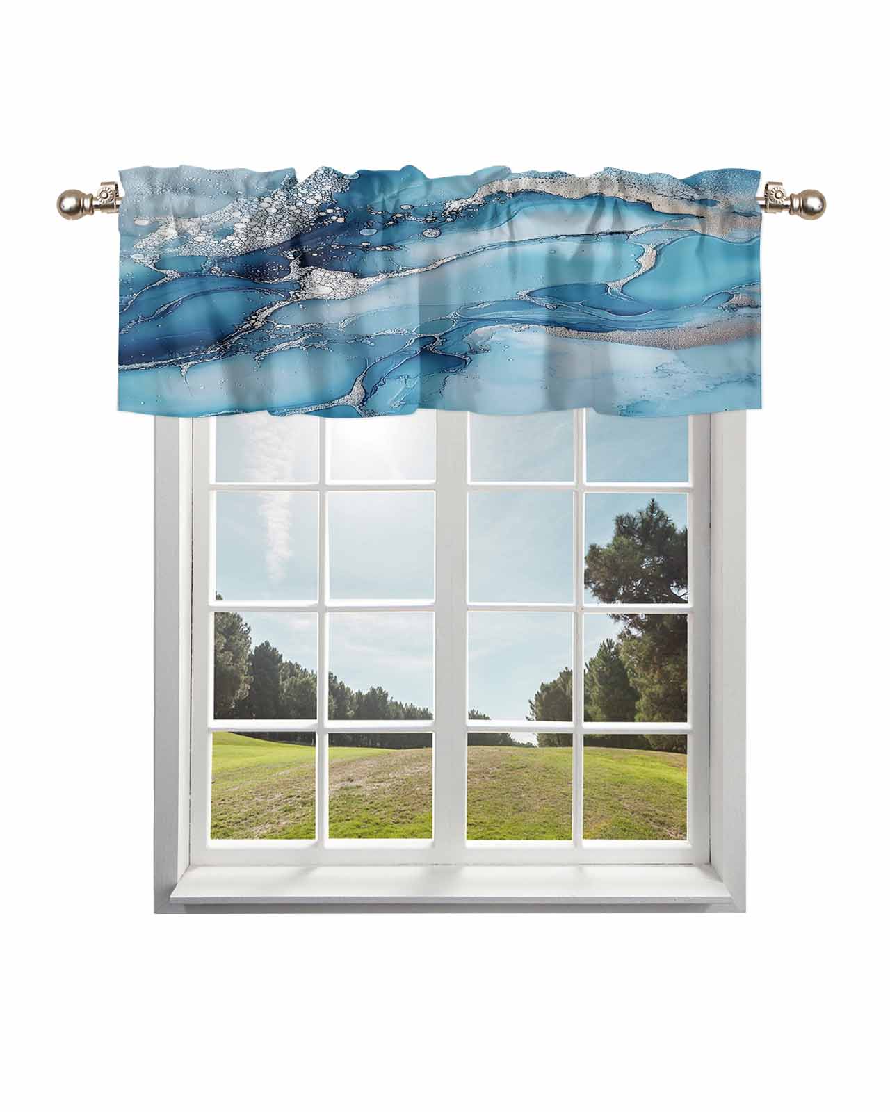 Blue Grey Marble Curtain Valance for Windows/Living Room/Kitchen ...