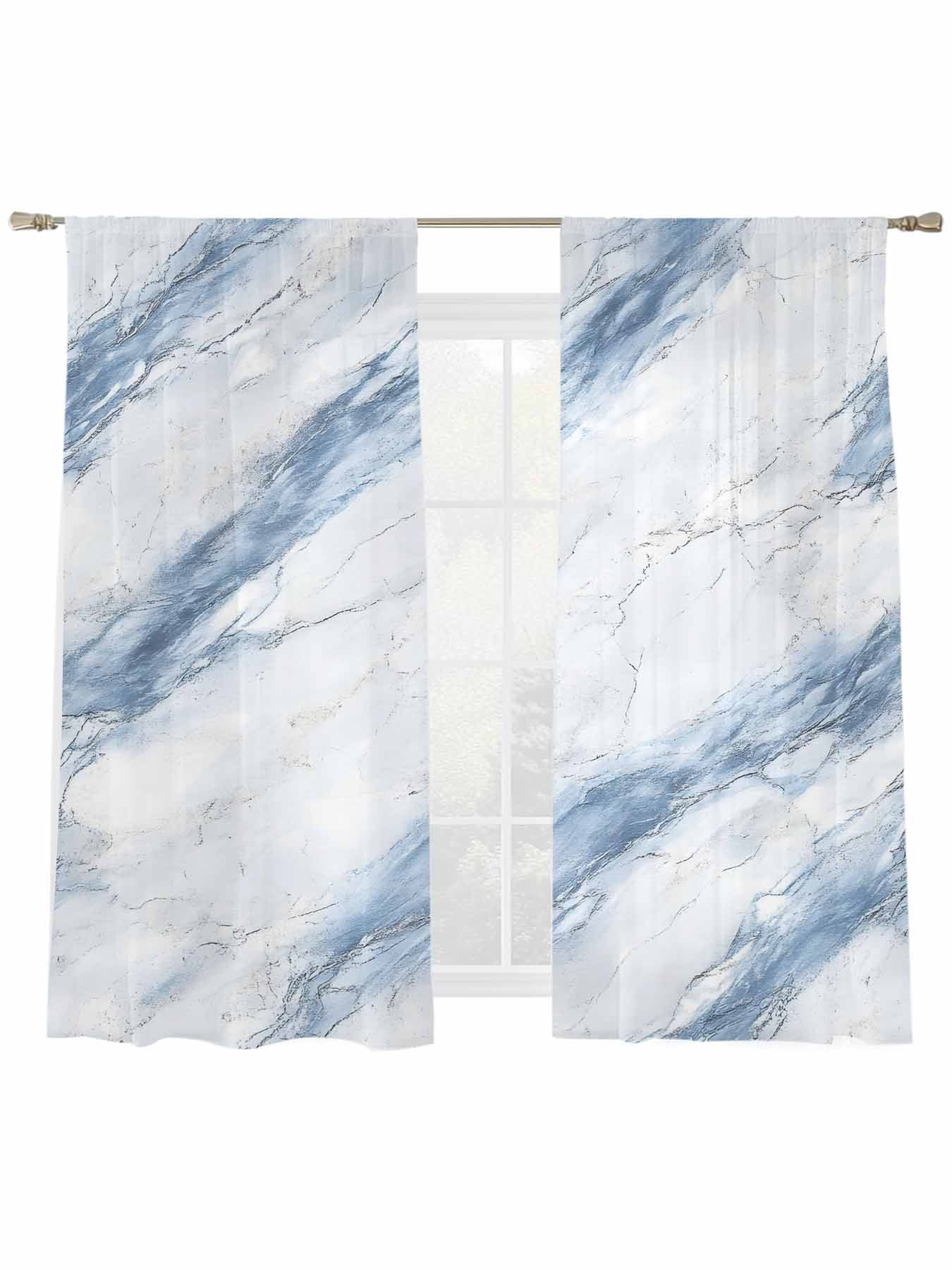 Blue Grey Marble Sheer Curtains 63 Inch Length 2 Panels Set, Semi Transparent Voile Rod Pocket ...